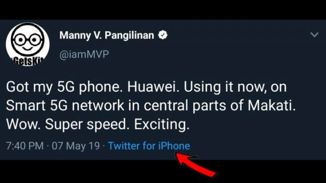 Manny Pangilinan promotes Huawei phone, Smart 5G but tweets using an iPhone