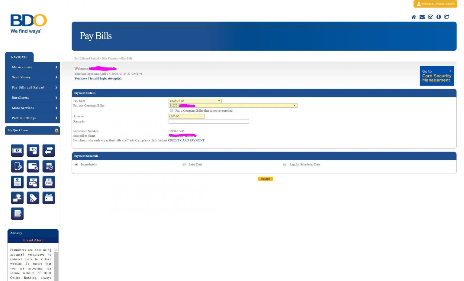 How to Pay PLDT DSL Fibr Telephone via BDO Online Banking